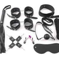 China BDSM Bondage Kit 10 Piece Set PU Leather Handcuffs Whip Rope Gag Blindfold Adult Sex Toy for sale