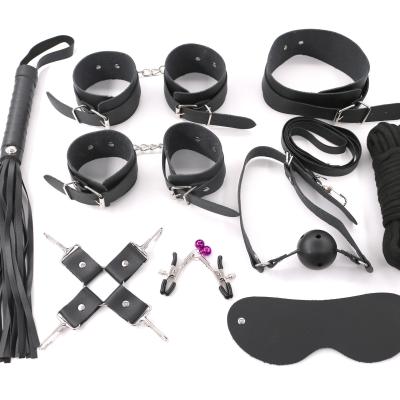 China BDSM Bondage Kit 10 Piece Set PU Leather Handcuffs Whip Rope Gag Blindfold Adult Sex Toy for sale