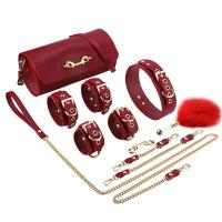 China Real Leather Bondage Kit 5pcs with Handcuffs Ankle Cuffs Collar Leash Bag 800g for sale