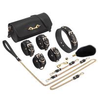 China Real Leather Bondage Kit 5pcs with Handcuffs Ankle Cuffs Collar Leash Bag 800g for sale