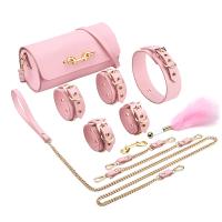 China Real Leather Bondage Kit 5pcs with Handcuffs Ankle Cuffs Collar Leash Bag 800g for sale