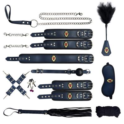 China 11 Piece Deep Blue BDSM Bondage Set PU Metal Role Play Sex Toys for Men Women 520g for sale