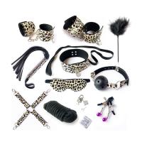 China Adjustable SM Wrist Ankle Spreader Bondage Kit 10 Piece Set Body Safe PU Leopard Print Adult Sex Toys for sale