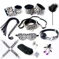 China Adjustable SM Wrist Ankle Spreader Bondage Kit 10 Piece Set Body Safe PU Leopard Print Adult Sex Toys for sale