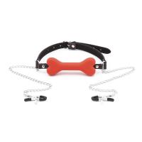 China BDSM Open Mouth Ring Bondage Harness with Adjustable Nipple Clamps Silicone Leather 250g for sale