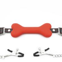 China BDSM Open Mouth Ring Bondage Harness with Adjustable Nipple Clamps Silicone Leather 250g for sale