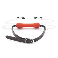 China BDSM Open Mouth Ring Bondage Harness with Adjustable Nipple Clamps Silicone Leather 250g for sale