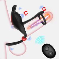 China Silicone Penis Ring Vibrator with Rabbit Ears 7 Speed Vibration Reusable Enlarger Black 66g for sale