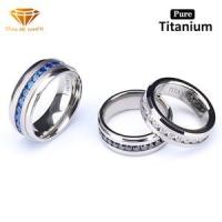 China European and American Fashion Couple Ring Silver Black Blue CZ 7mm Pure Titanium Ring for Men and Women Tr8395 for sale