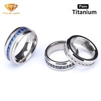 China European and American Fashion Couple Ring Silver Black Blue CZ 7mm Pure Titanium Ring for Men and Women Tr8395 for sale