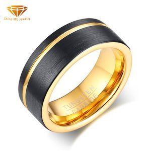 China Fashion Jewelry Wholesale 8mm Tungsten Steel Brushed Groove Ring Black + Gold Men's Ring Tst049 for sale