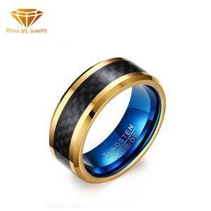 China Jewelry Wholesale 8mm Tungsten Carbon Fiber Ring IP Gold Blue Fashion Ring Tst048 for sale