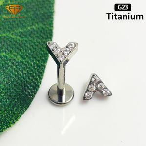 China Wholesale Simple Jewelry ASTM F136 G23 Titanium CZ Paved V Shape Internally Threaded Top Labret Sm1166 for sale