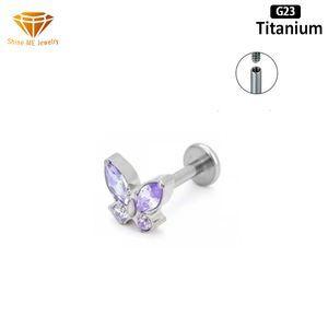 China ASTM F136 Titanium Butterfly Zircon Ear 5 A Grade Super Elegant Diamond Earbone Nail Flat Bottom Elegant and Anti Allergy Internally Thread Jewelry Labret Sm312 for sale