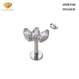 China ASTM F136 Titanium 3 Marquise CZ Set Curve Top Piercing Internally Threaded Jewelry Labret Earring Sm0546 for sale