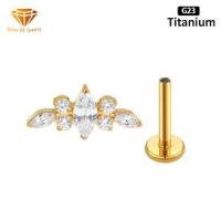 China F136 Titanium Long Horse Eye Flower Piercing Jewelry Internally Thread PVD Gold Labret Studs Earring Nose Nails Accessories 1.2/1.0mm Rod Thickness Sm1329g for sale