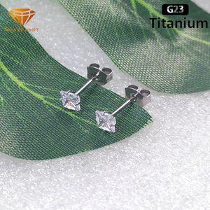 China Body Piercing Jewelry ASTM F136 Titanium Pair of Square Zircon Buttfly Button Clip Earrings Studs for Women for sale
