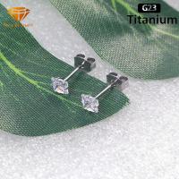 China Body Piercing Jewelry ASTM F136 Titanium Pair of Square Zircon Buttfly Button Clip Earrings Studs for Women for sale