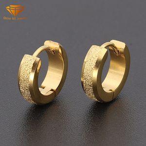 China Stainless Steel Gold Frosted Men's Black Ear Buckle Earrings Circle Round Ear Studs Pressed Sand Shiny Surface Er0081 for sale