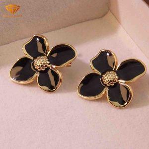 China New French Retro Palace Flower Drop Glazed Four Petal Titanium Steel Earrings High-End and Exquisite Earring Accessories Sfyd6111 for sale