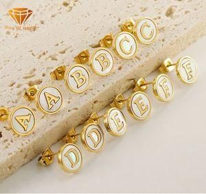 China Titanium Steel 26 English Letter Earrings Shell Earrings Female European and American 18K Gold Stainless Steel Ear Accessories Wholesale Smer849 for sale