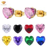 China Factory Wholesale Titanium Steel Fashion Love Earrings 7mm Four Claws AAA Color Zircon Heart-Shaped Ear Studs (ER2665) for sale