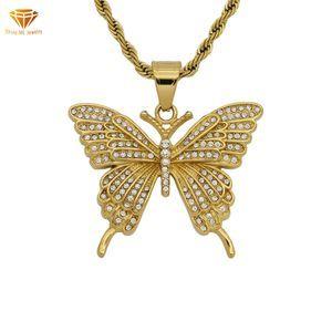 China New Stainless Steel Vacuum Plating Butterfly Pendant Hip Hop Hip-Hop Full Diamond Necklace for sale