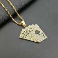 China European and American Cross-Border New Hip-Hop Hiphop Jewelry, Stainless Steel Gold-Plated Diamond and Straight Flush Playing Card Pendant Spt1258 for sale
