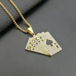 China European and American Cross-Border New Hip-Hop Hiphop Jewelry, Stainless Steel Gold-Plated Diamond and Straight Flush Playing Card Pendant Spt1258 for sale