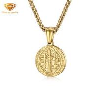 China European and American Jewelry Saint Benedict Exorcist Stainless Steel Necklace for Men and Women Titanium Steel Round Card Coin Pendant Ssnk549 for sale