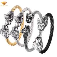 China European and American Vintage Stainless Steel Cast Leopard Head Bracelet Men's Stainless Steel Wire Rope Leopard Head Bracelet Ssbg2722 for sale