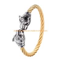 China European and American Vintage Stainless Steel Cast Leopard Head Bracelet Men's Stainless Steel Wire Rope Leopard Head Bracelet Ssbg2722 for sale