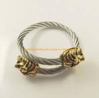China Factory Wholesale European and American Trend Titanium Steel Stainless Steel Bracelet Casting Domineering Lion Head Bangle Men's Steel Wire Bracelet Ssbg2721 for sale