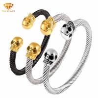China European and American Trend Stainless Steel Wire Rope Cuff Bracelet Precision Casting Titanium Steel Skull Head Men's Dual Color Bracelet Ssbg0173 for sale
