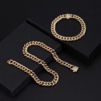 China New Popular Stainless Steel Bracelet Full Diamond IP Gold Cuban Chain Men's Fashion Trend Necklace for sale