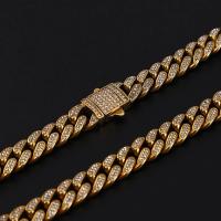 China New Popular Stainless Steel Bracelet Full Diamond IP Gold Cuban Chain Men's Fashion Trend Necklace for sale