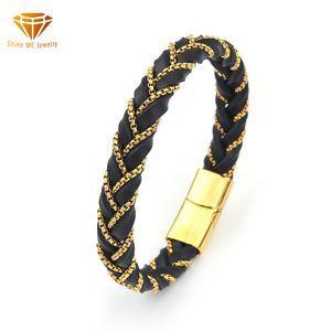 China Hot Sale Men's Stainless Steel Leather Bracelet Gold Steel Black Personality Simple Round Woven Leather Bracelet Bhfp126 for sale
