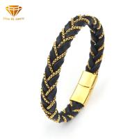 China Hot Sale Men's Stainless Steel Leather Bracelet Gold Steel Black Personality Simple Round Woven Leather Bracelet Bhfp126 for sale