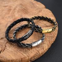 China Hot Sale Men's Stainless Steel Leather Bracelet Gold Steel Black Personality Simple Round Woven Leather Bracelet Bhfp126 for sale