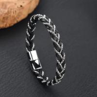 China Hot Sale Men's Stainless Steel Leather Bracelet Gold Steel Black Personality Simple Round Woven Leather Bracelet Bhfp126 for sale