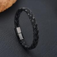 China Hot Sale Men's Stainless Steel Leather Bracelet Gold Steel Black Personality Simple Round Woven Leather Bracelet Bhfp126 for sale