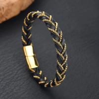 China Hot Sale Men's Stainless Steel Leather Bracelet Gold Steel Black Personality Simple Round Woven Leather Bracelet Bhfp126 for sale