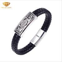 China Leather Handmade Bracelet Leather Woven Men's Leather Bracelet Vintage Stainless Steel Leather Rope Bl2923 for sale