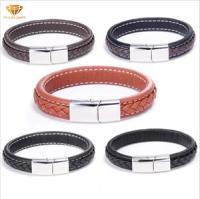 China Fashion Jewelry Black Leather Strap Stainless Steel Bracelet Titanium Steel Woven Leather Bracelet Customized Logo Bl2921 for sale