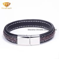 China Fashion Jewelry Black Leather Strap Stainless Steel Bracelet Titanium Steel Woven Leather Bracelet Customized Logo Bl2921 for sale