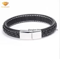 China Fashion Jewelry Black Leather Strap Stainless Steel Bracelet Titanium Steel Woven Leather Bracelet Customized Logo Bl2921 for sale