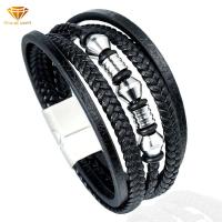 China European and American Stainless Steel Leather Rope Bracelet Men's Multi-Layer Woven Leather Bracelet Magnet Buckle Bracelet Blfp552 for sale