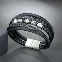 China European and American Stainless Steel Leather Rope Bracelet Men's Multi-Layer Woven Leather Bracelet Magnet Buckle Bracelet Blfp552 for sale