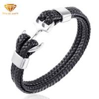 China Men's Stainless Steel Ship Anchor Bracelet Multi Layer Leather Bracelet Couple Bracelet Vintage Woven Leather Rope Bracelet Blfp283 for sale
