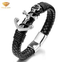 China Fashion Jewelry Woven Cowhide Bracelet Ship Anchor Bracelet Stainless Steel Men's Bracelet Blfp168 for sale